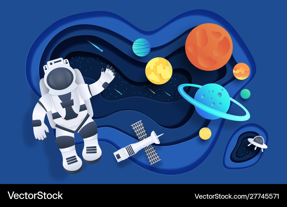 Paper cut space cartoon cosmonaut in open space Vector Image