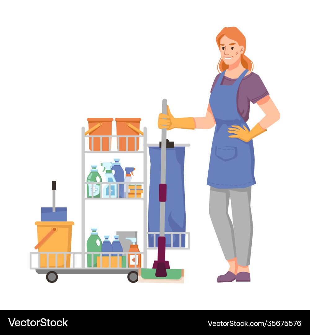 Cleaner staff with trolley full detergents Vector Image