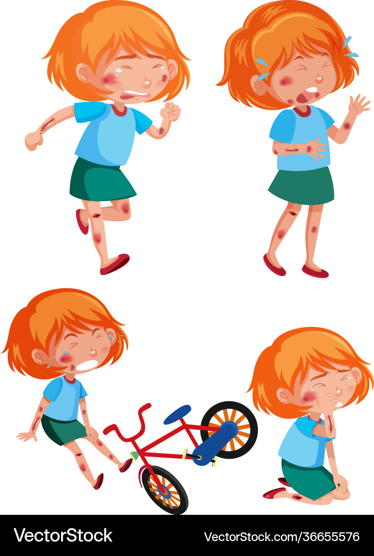 Different poses girl injured from accident Vector Image