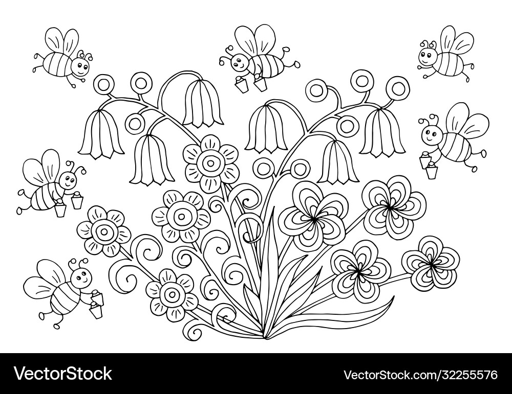 Hand drawn coloring page with bees and flowers Vector Image