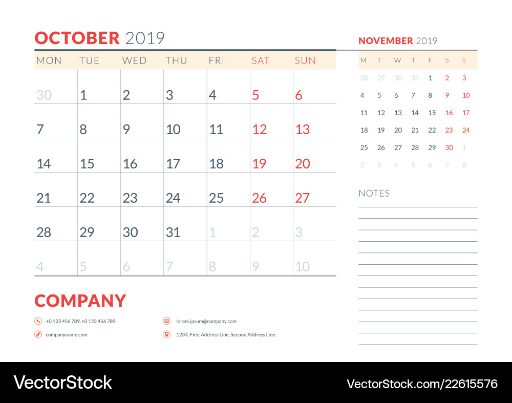 October 2019 week starts on monday calendar Vector Image