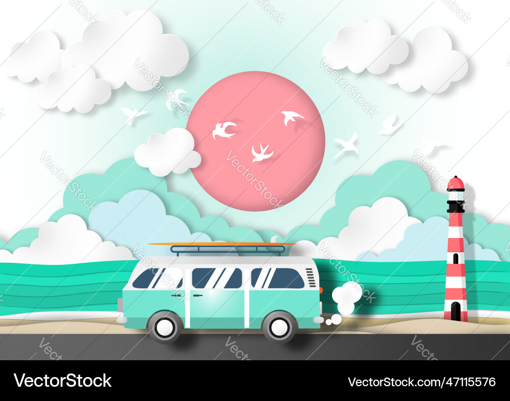 Paper art summer background with van car Vector Image
