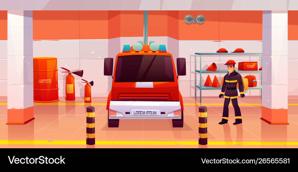 Firefighter man stand near fire engine in garage Vector Image
