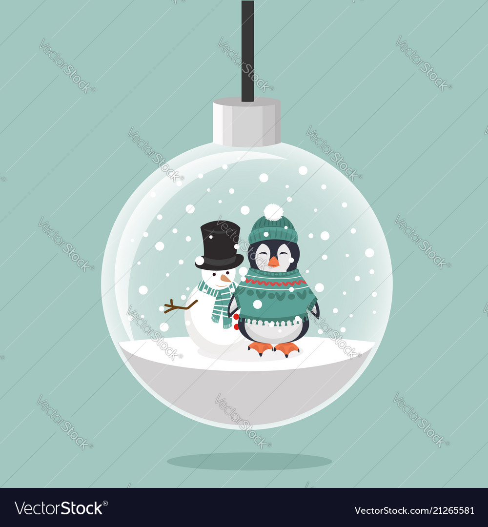 Penguin in winter clothes and snowman with Vector Image
