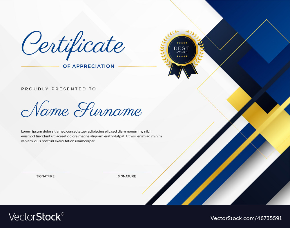 Blue And Gold Certificate Of Achievement Template Vector Image