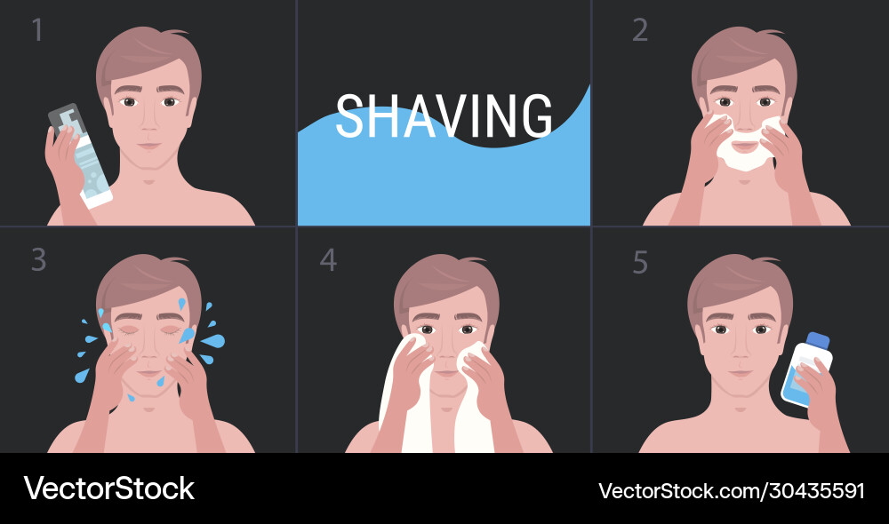 Steps handsome man shaving with foam and cleaning Vector Image