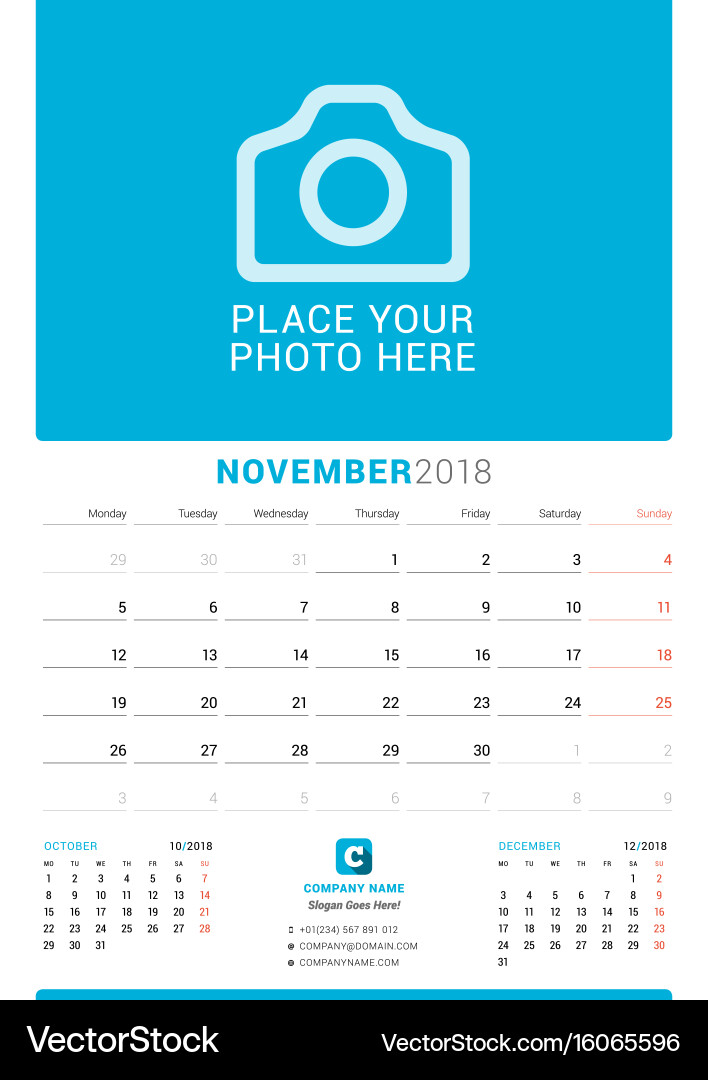 November 2018 wall monthly calendar for year Vector Image