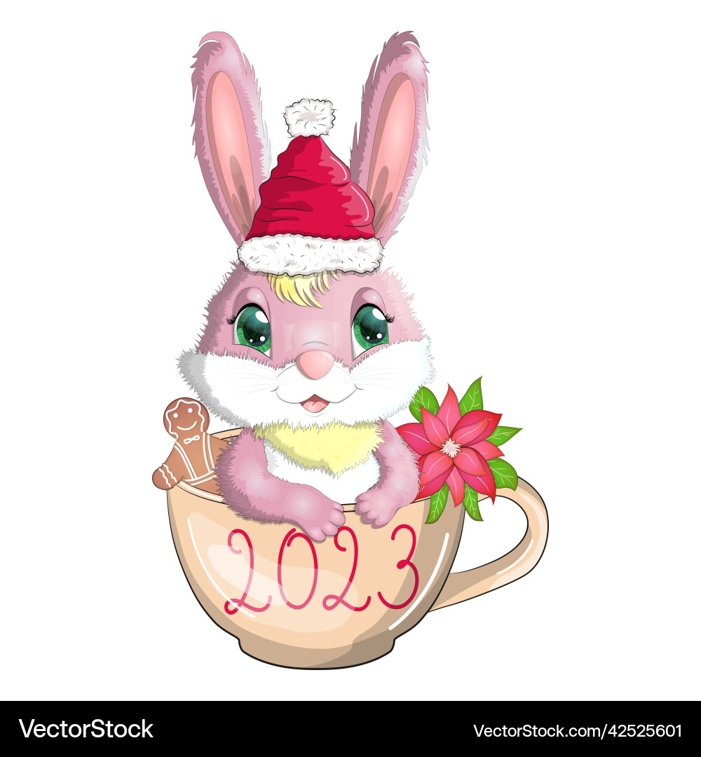A cute cartoon rabbit in santa hat sits Royalty Free Vector