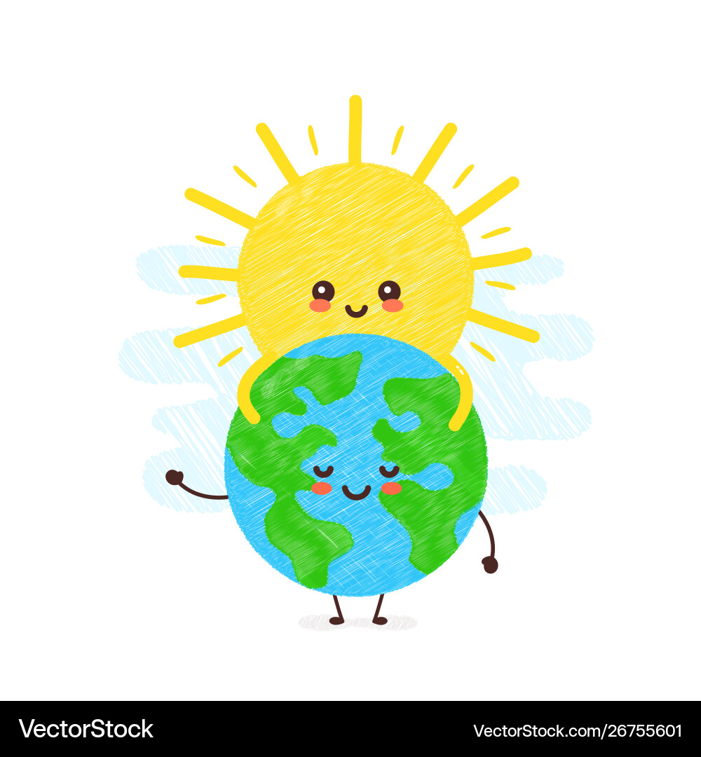 Cute happy smiling sun hugs earth Royalty Free Vector Image