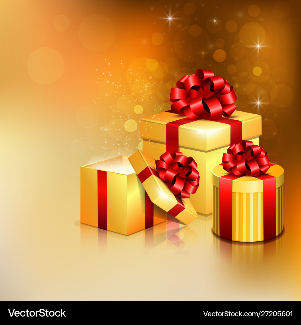 Golden open gift boxes with red bow and ribbon Vector Image