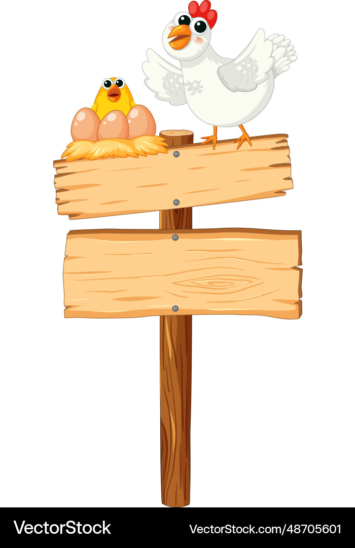 Hen eggs and chick on wooden board banner Vector Image
