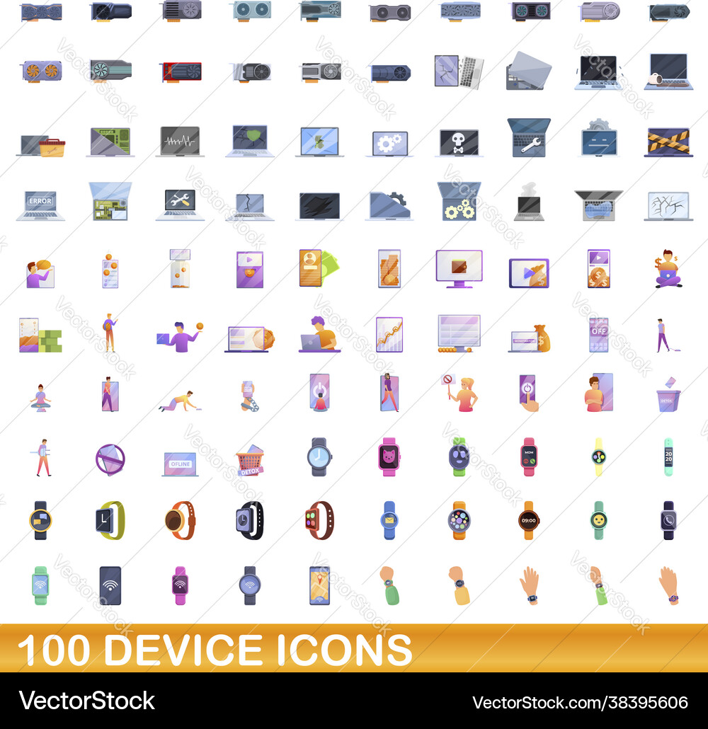 100 device icons set cartoon style Royalty Free Vector Image