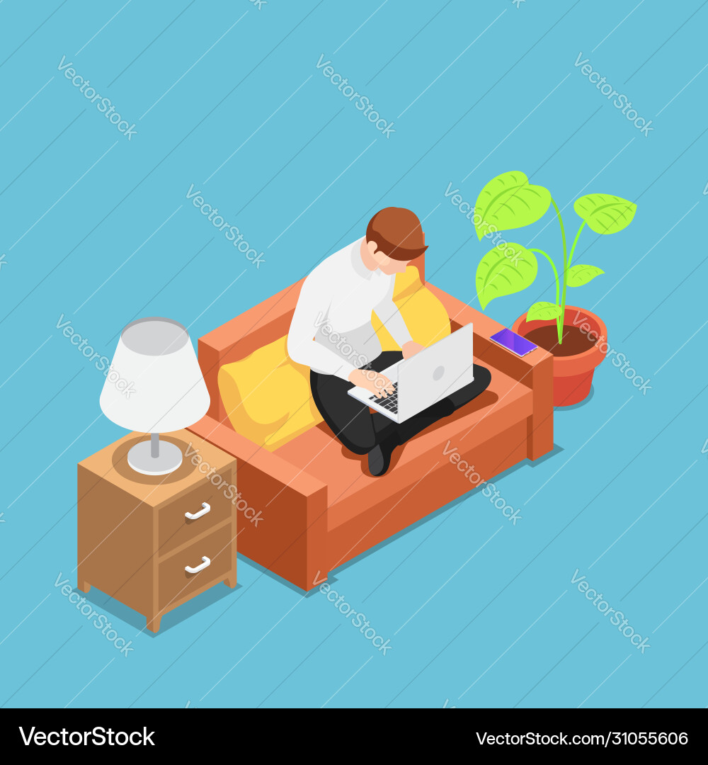 Isometric man with laptop working on sofa at his Vector Image