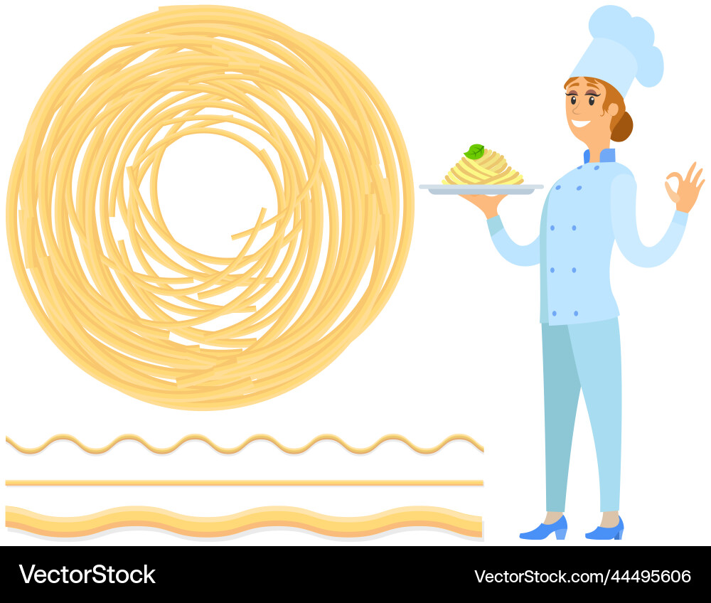 Pasta spaghetti cooking female chef cook Vector Image
