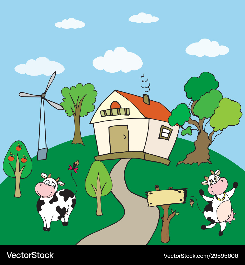 Rural background with farm and two funny cows Vector Image