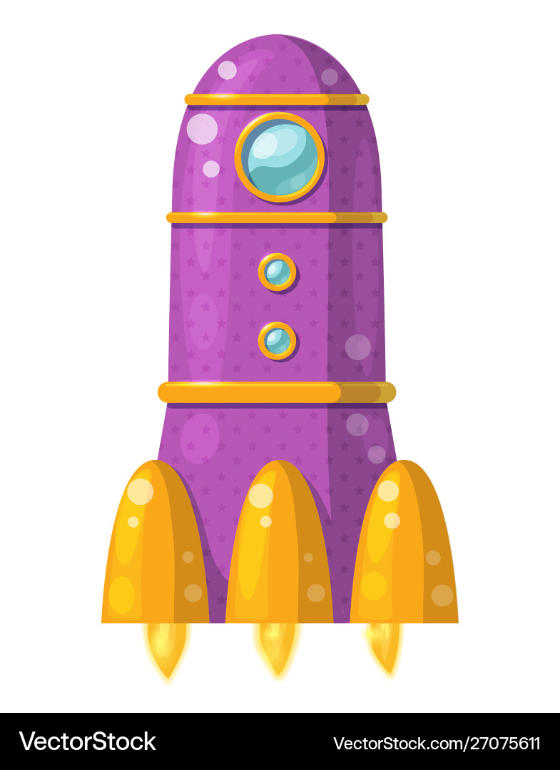 Cartoon violet rocket with flame isolated on white