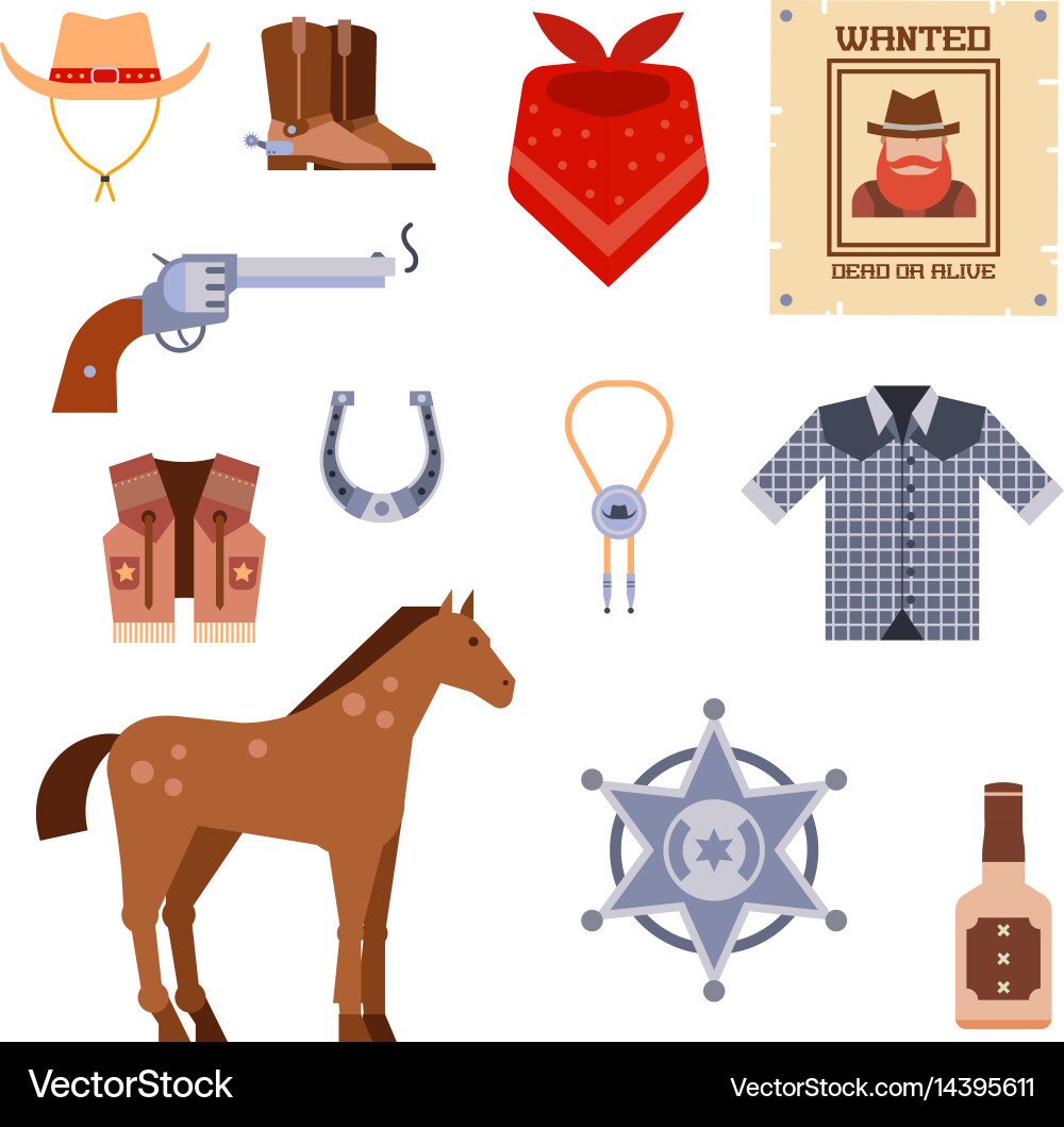 Wild west elements set icons cowboy rodeo Vector Image