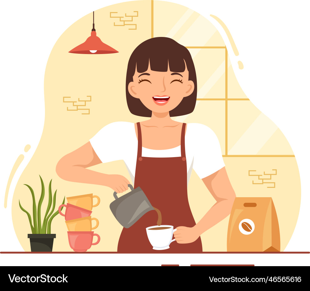 Barista with wearing standing apron making coffee Vector Image