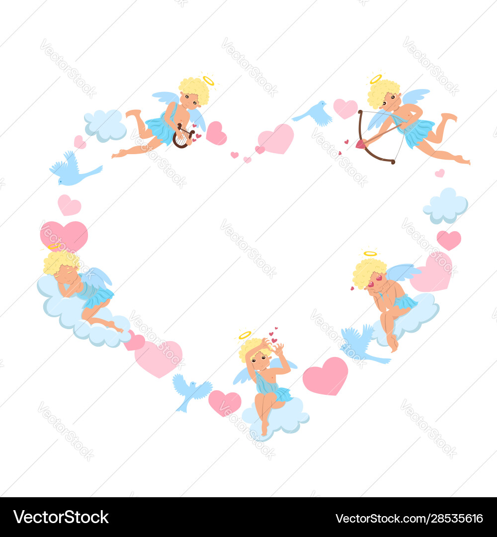 Heart shaped cupid frame with birds and clouds Vector Image