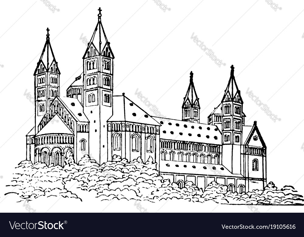 Romanesque church line drawing a large church Vector Image