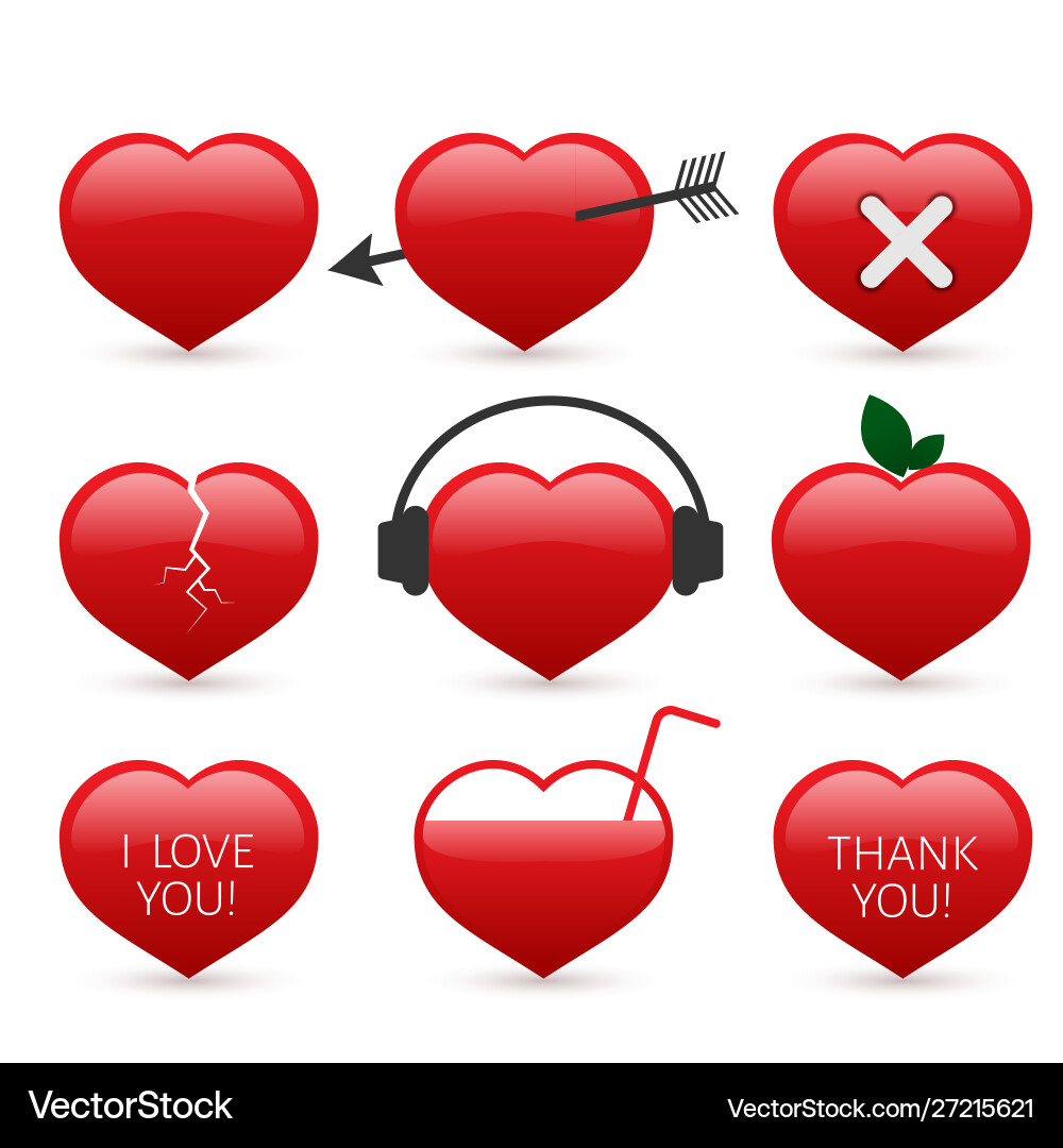 Set nine red hearts icons isolated on white Vector Image