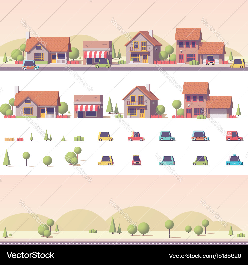 Low poly 2d buildings and city scene Royalty Free Vector