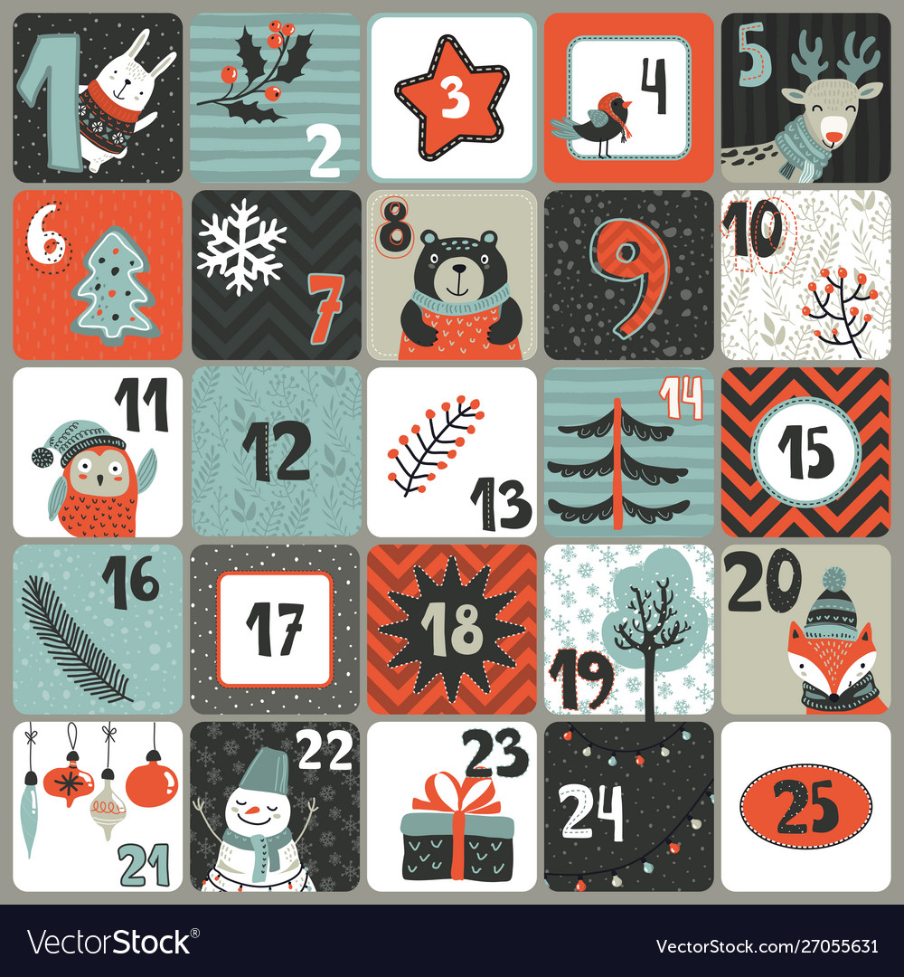 Christmas advent calendar with cute animals Vector Image