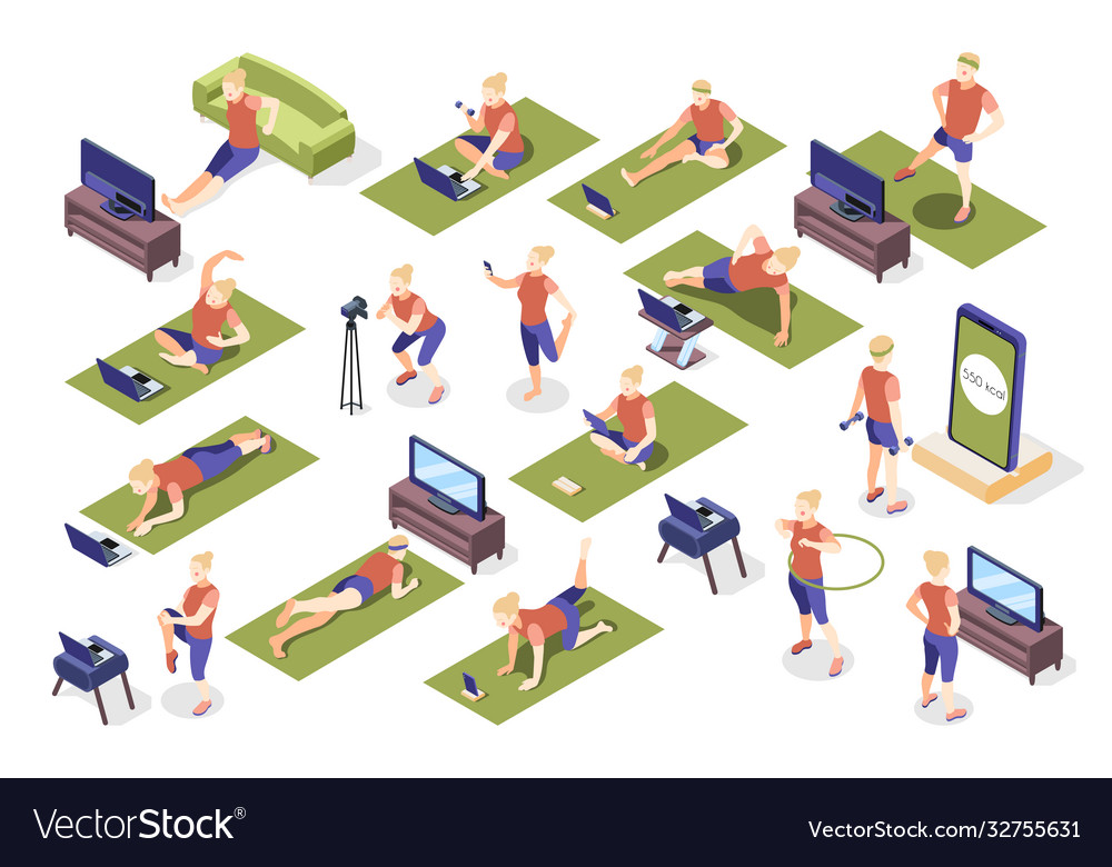 Fitness online isometric recolor set Royalty Free Vector Fitness online isometric recolor set Royalty Free Vector