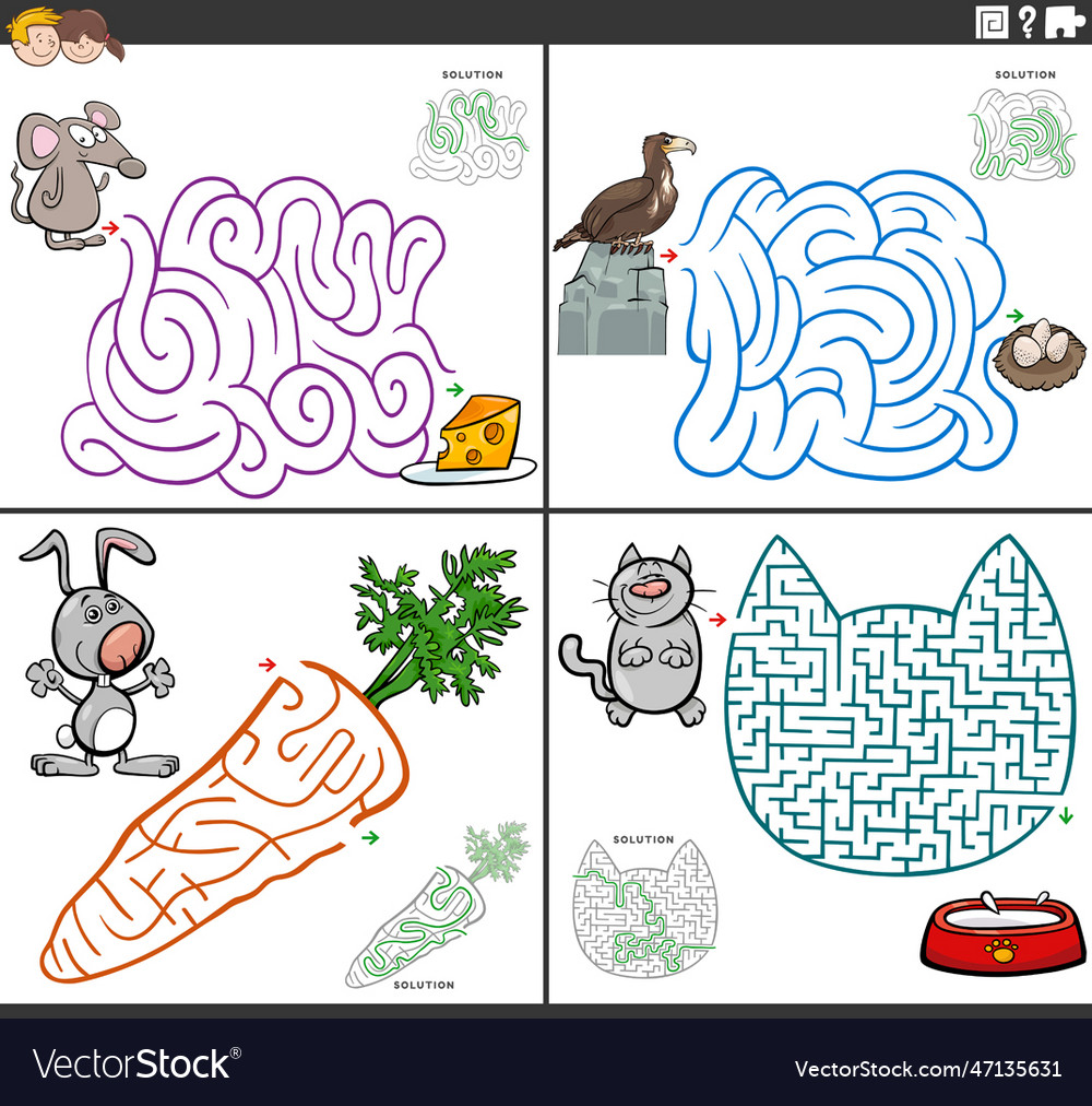 Maze activity games set with cartoon animal Vector Image