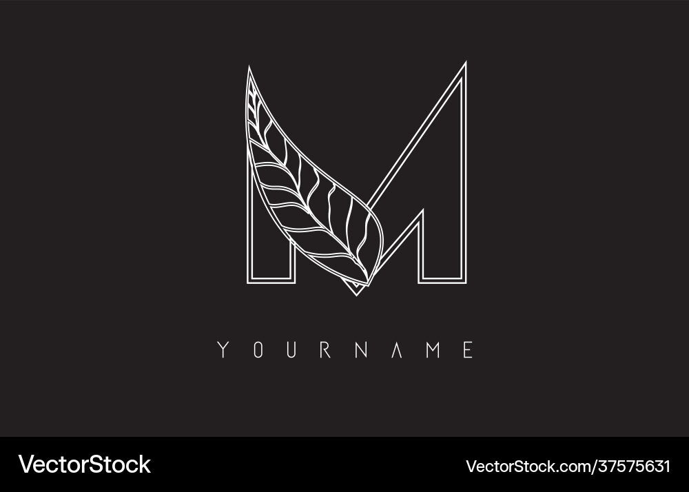 White outline m letter logo with outline leaf Vector Image