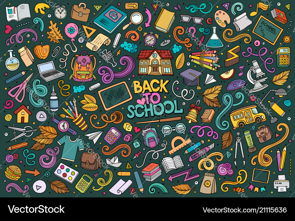 Doodle cartoon set of school objects and Vector Image