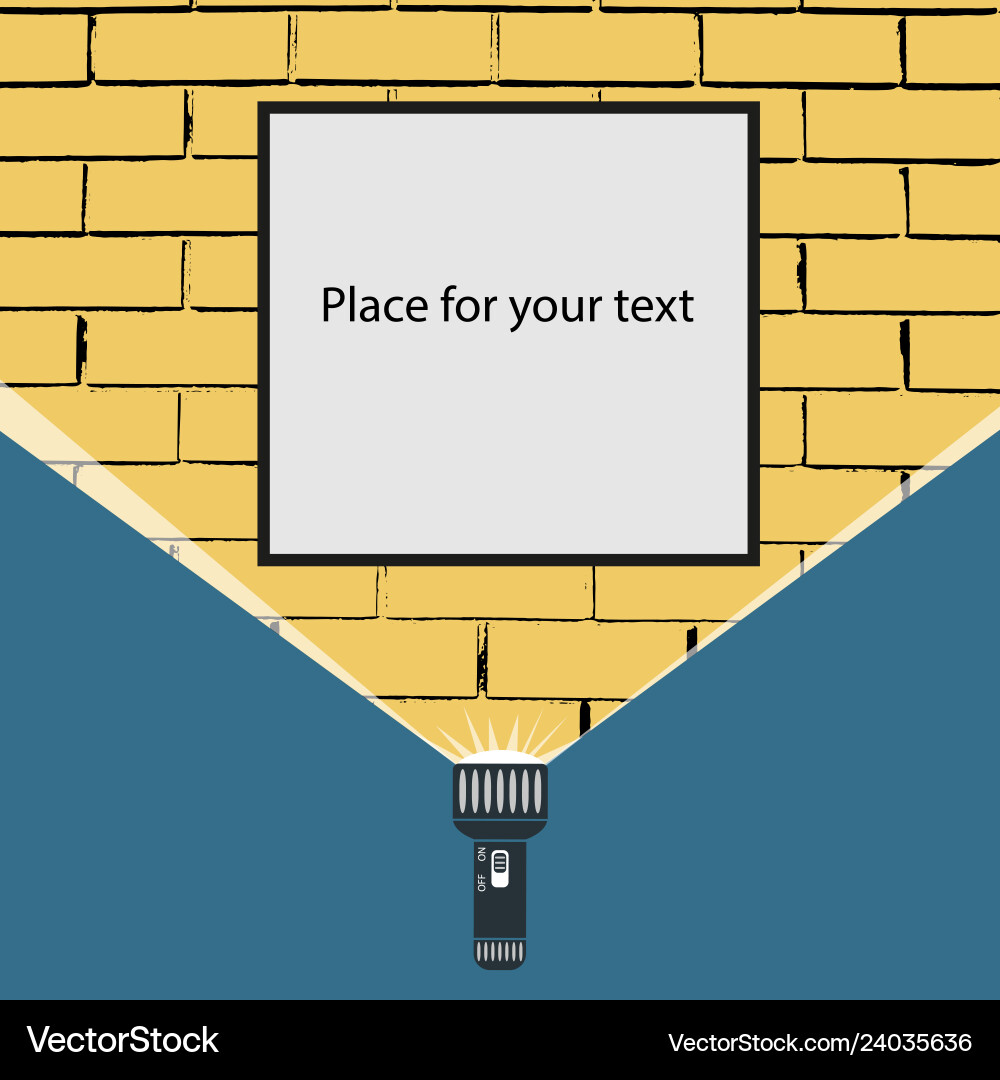 Flashlight with a beam of light on brick wall Vector Image