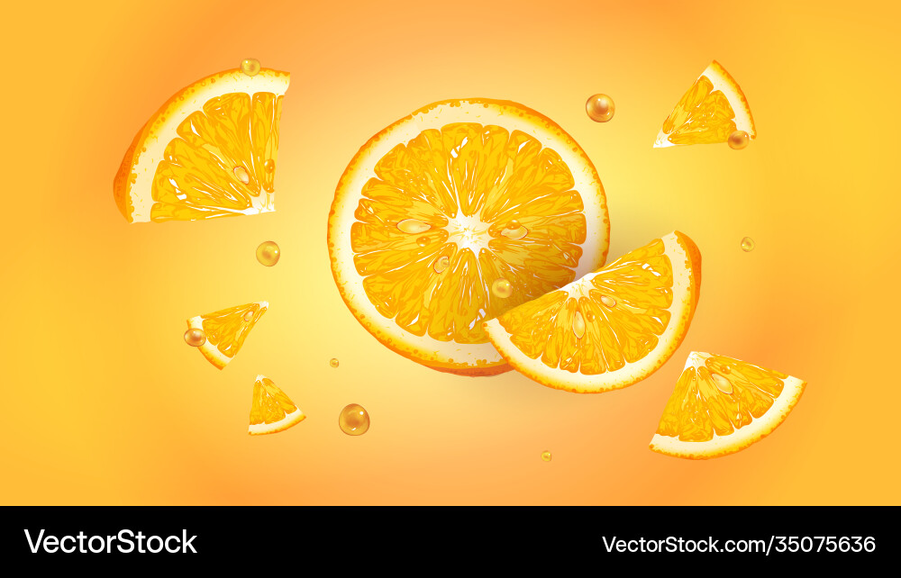 Slices fresh orange with drops juice Royalty Free Vector