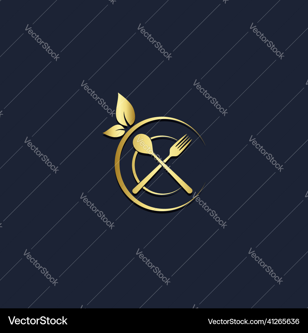 Vegetarian leaf food dish menu gold logo Vector Image