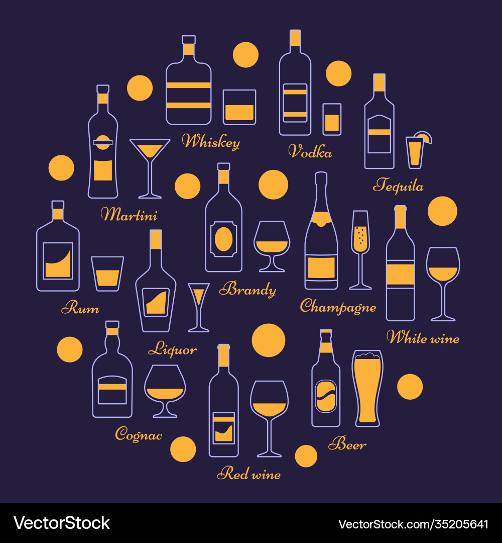 Alcohol beverages set in line art flat design Vector Image