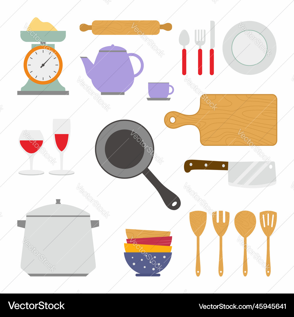 Cooking stuff set of kitchenware with pans dishes Vector Image