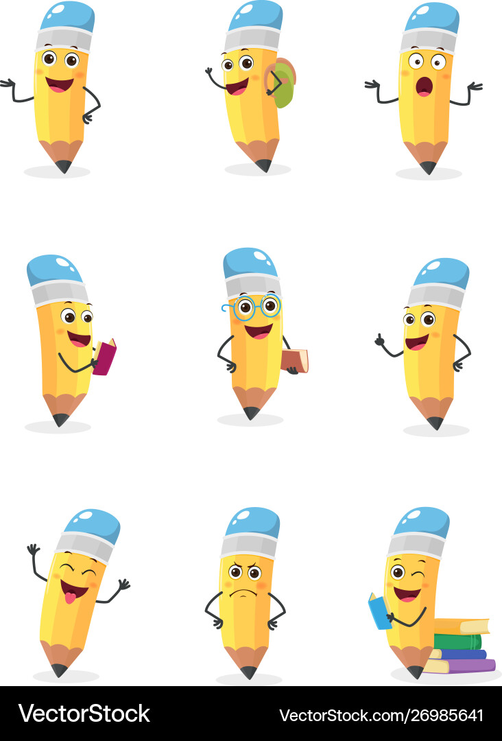 Cute pencil cartoon character set Royalty Free Vector Image
