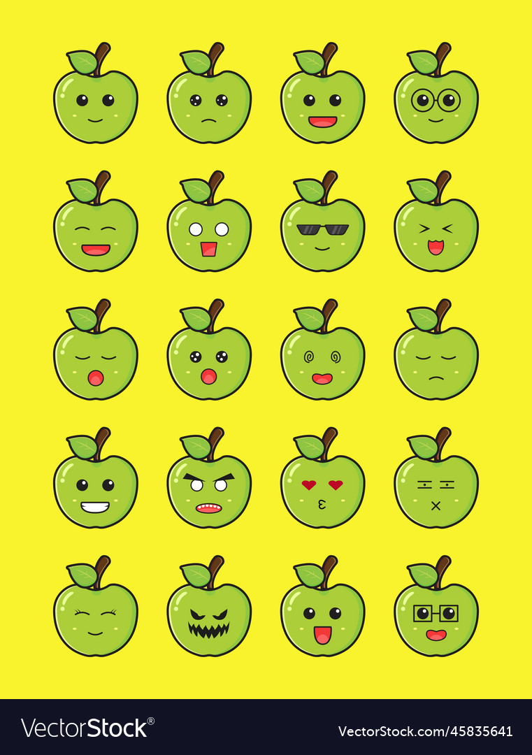 Set of cute apple emoticon cartoon icon Royalty Free Vector