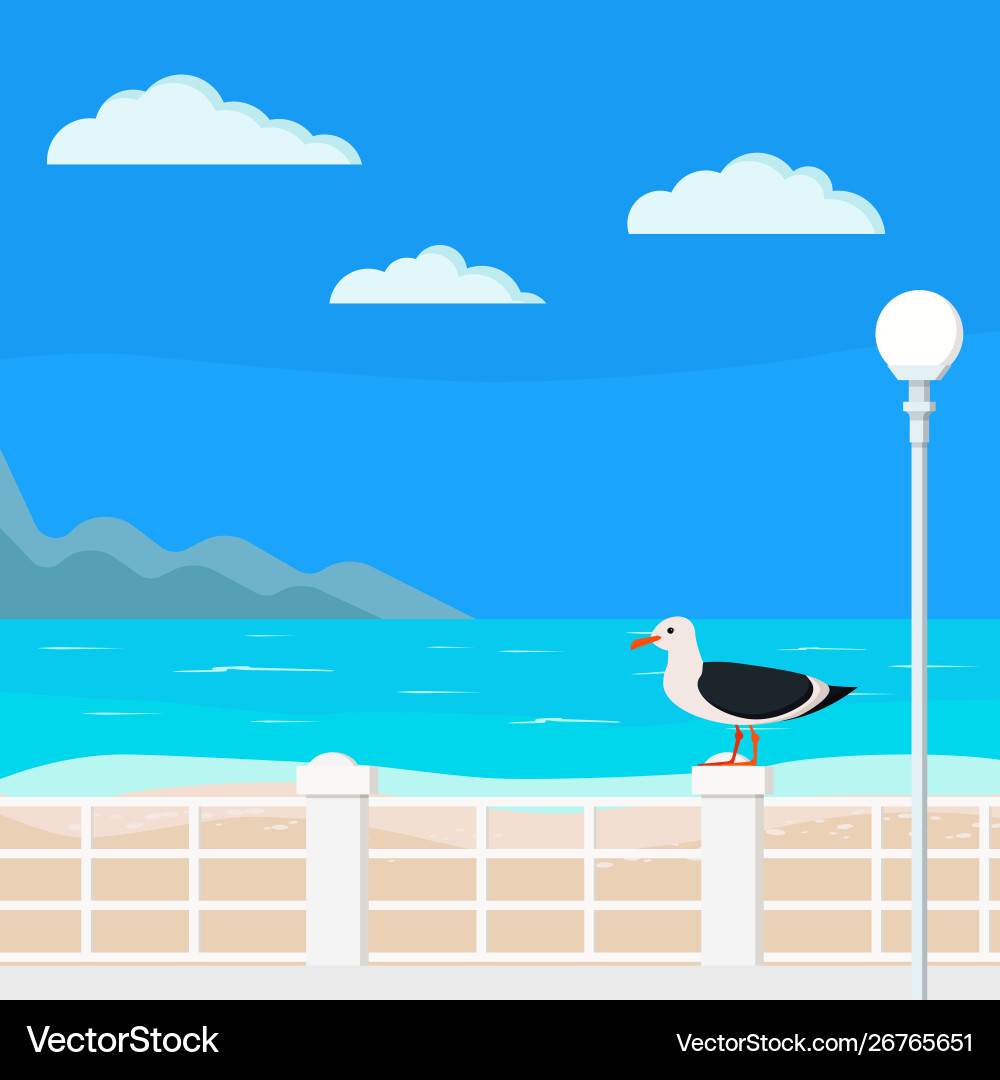 Blue sea with quay mountains clouds Royalty Free Vector