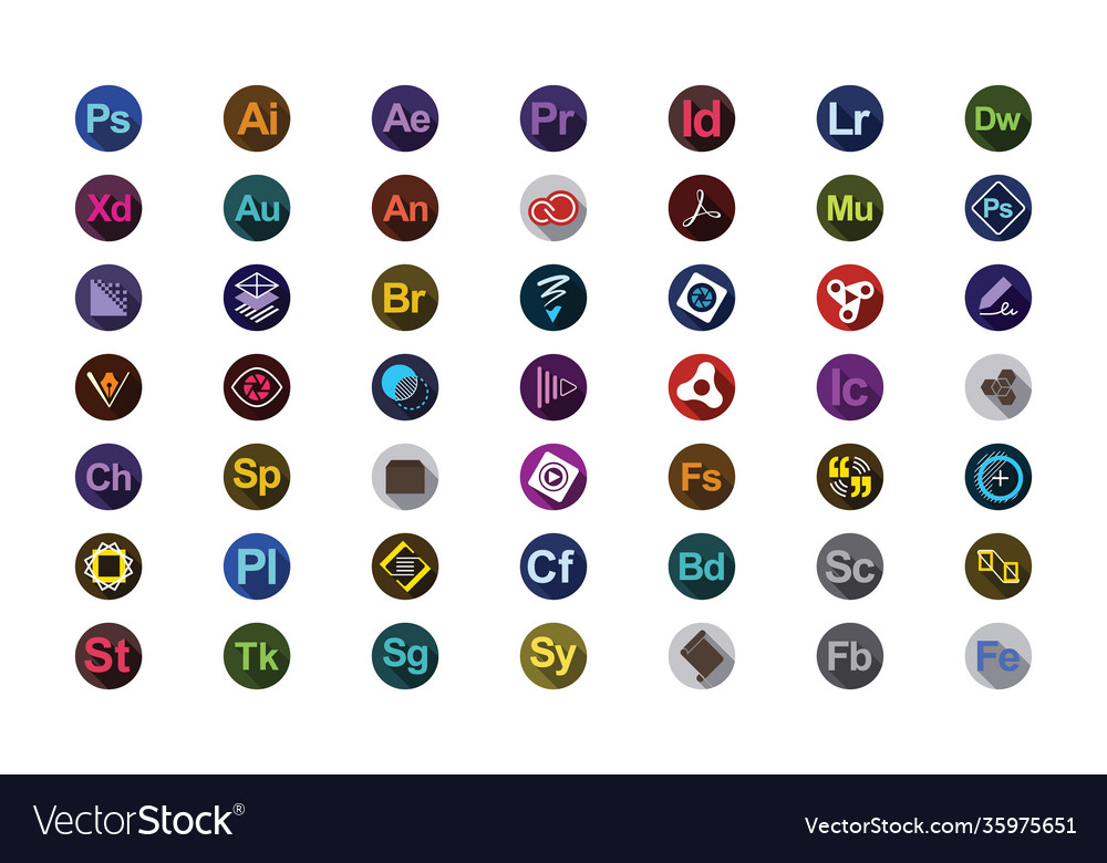 Circular adobe programs icon set pack Royalty Free Vector