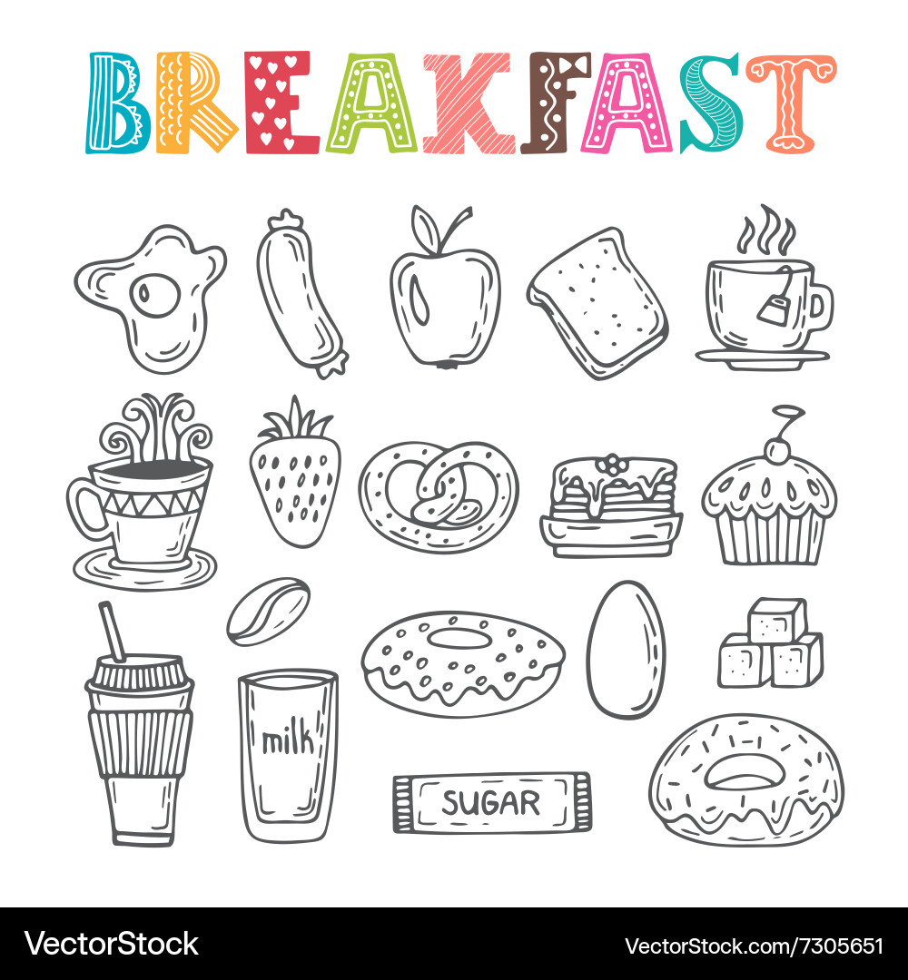Hand drawn breakfast set collection of various Vector Image