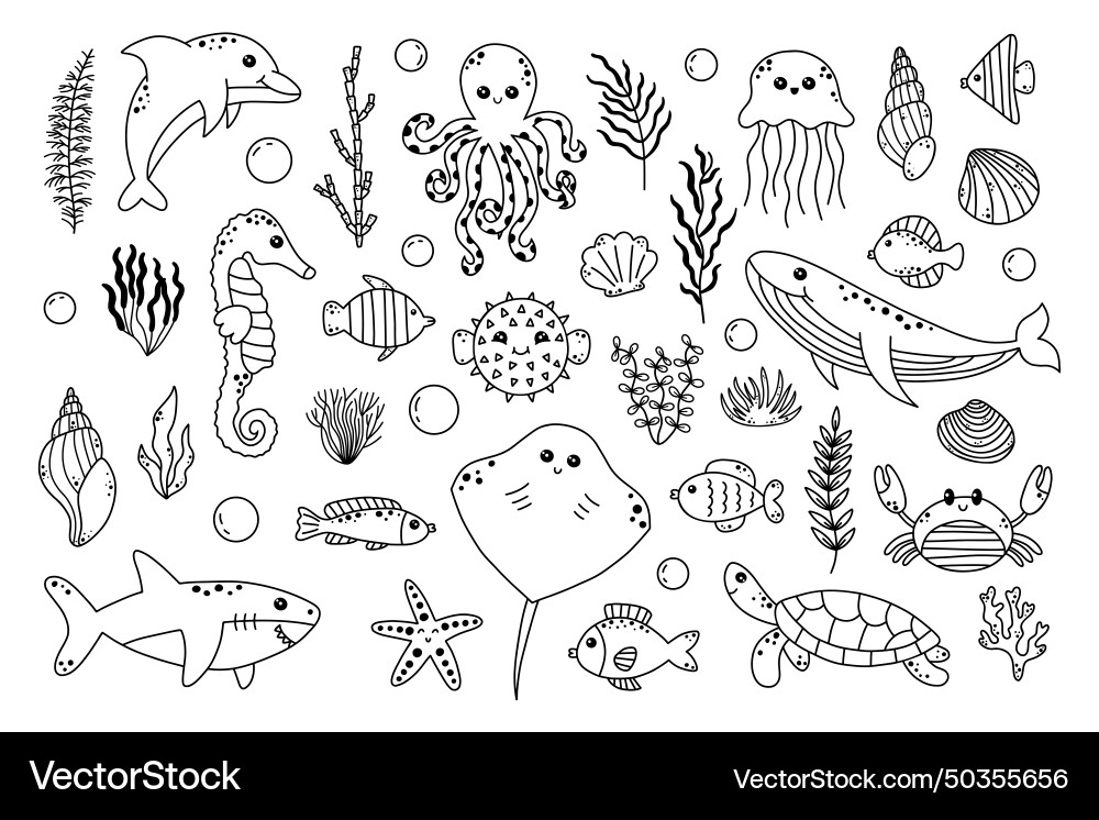 Sea doodle big set with cute life elements Vector Image