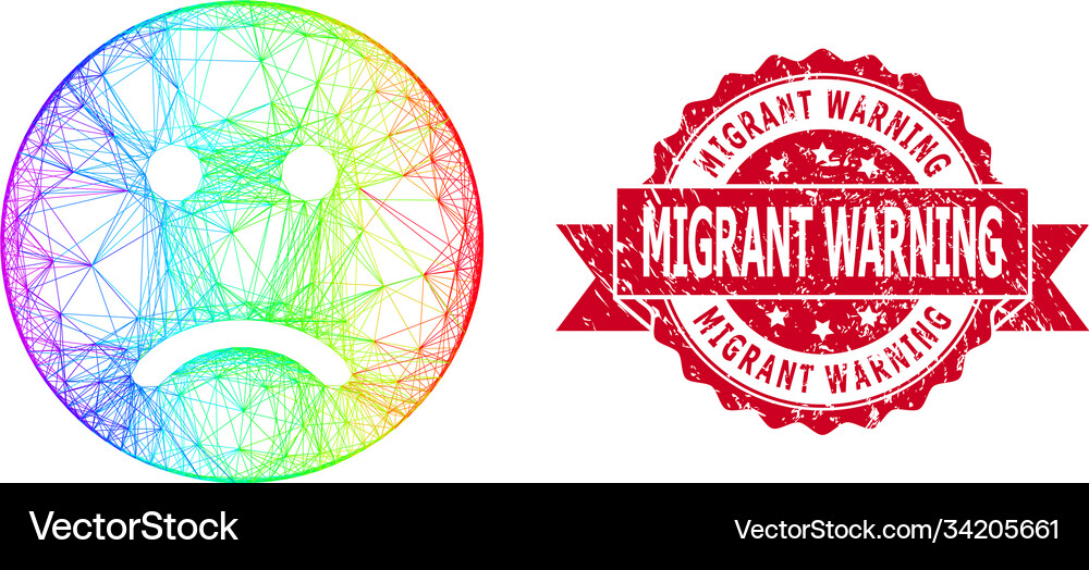 Grunge migrant warning seal and bright linear sad Vector Image