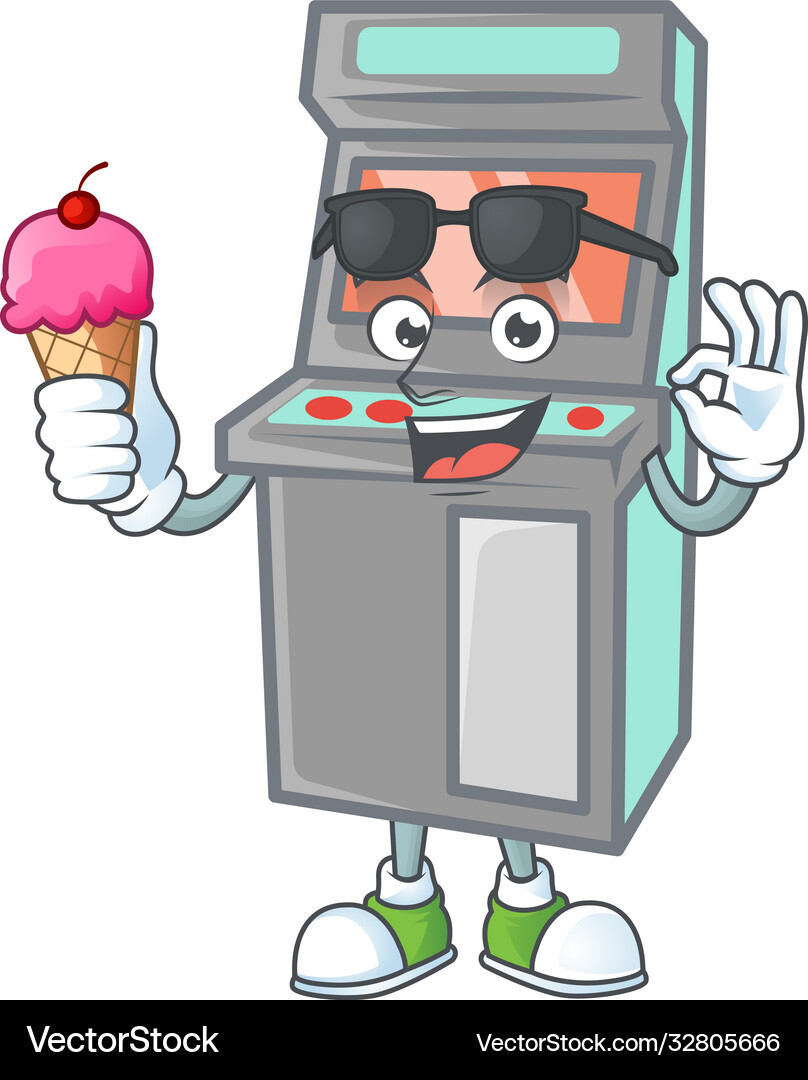 Arcade game machine mascot eating an ice cream Vector Image