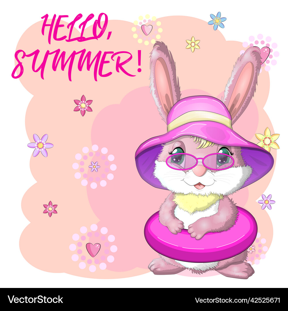 Cute rabbit hare in a summer hat and swim ring Vector Image