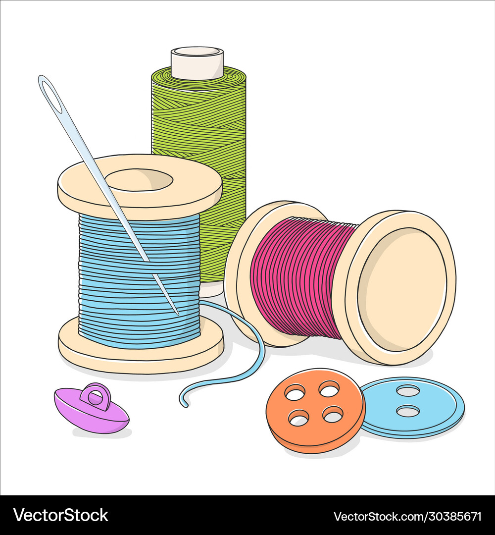 Spools thread buttons and a sewing needle Vector Image