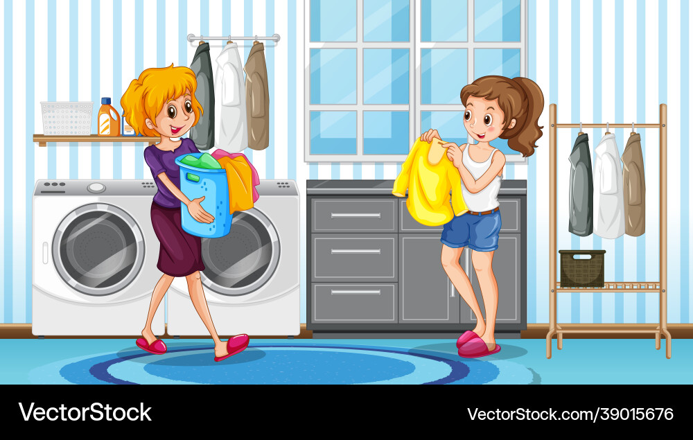 Scene with two women in laundry room Royalty Free Vector