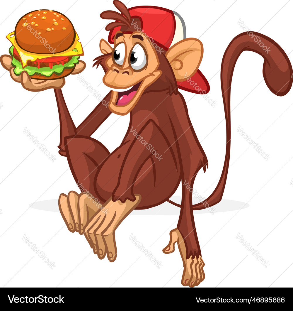 Cartoon funny monkey chimpanzee holding hamburger Vector Image