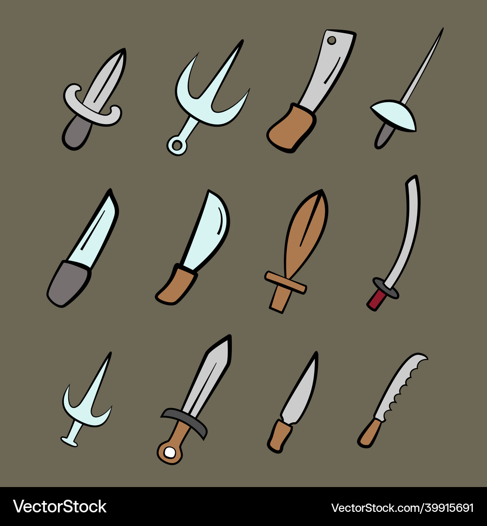 Hand drawn swords and knives collection different Vector Image