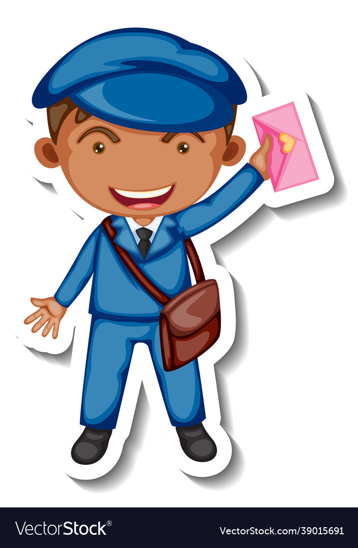Sticker template with a postman cartoon character Vector Image